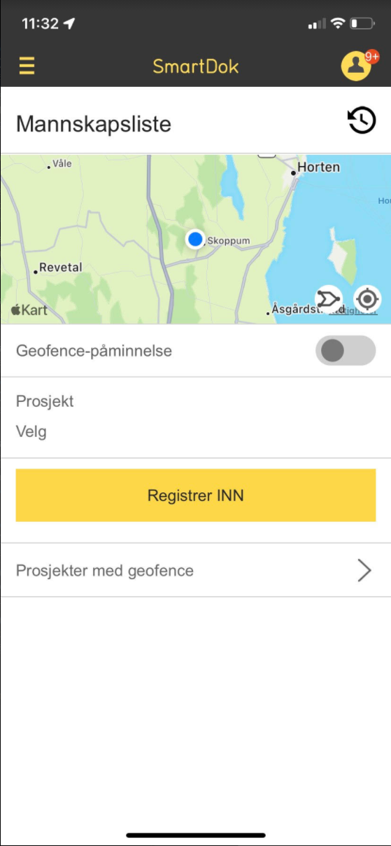 Registrere seg inn/ut av et prosjekt i SmartDok-appen