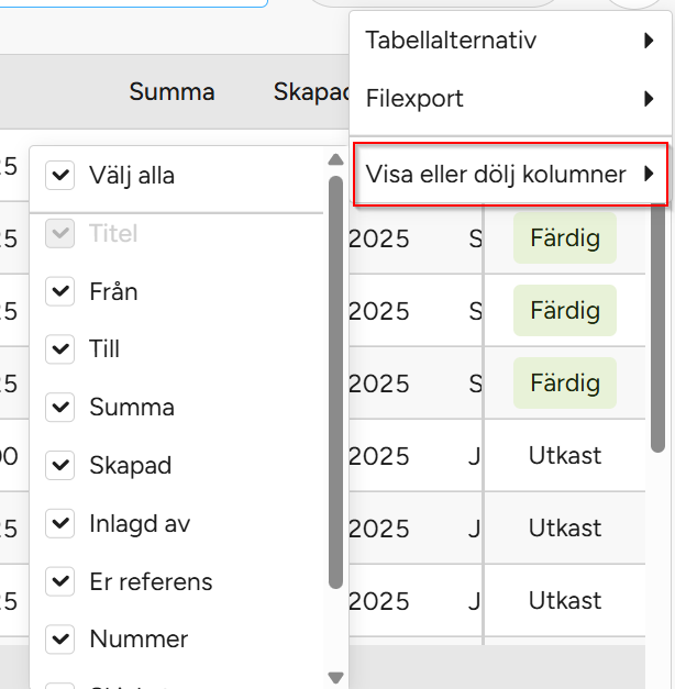 Översikt över skapade fakturaunderlag i Fakturaunderlag